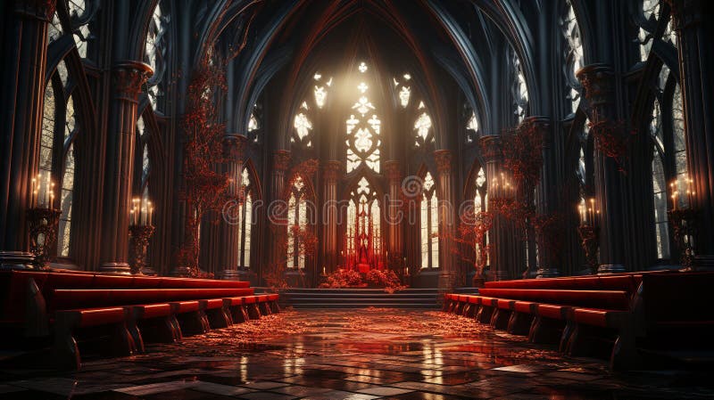 Gothic Chapel with Illuminated Altar and Pew Stock Photo - Image of ...