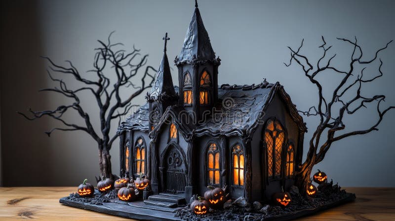 A Gothic Church Cake Decorated with Black Icing and Illuminated Windows ...