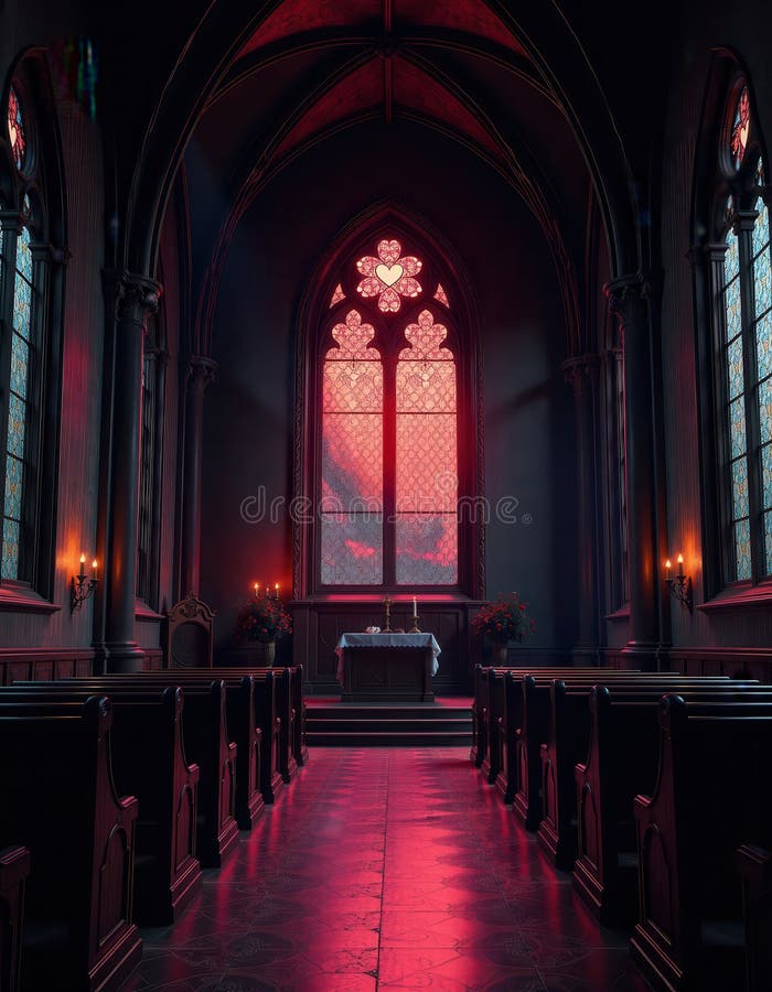 Gothic Church Interior with Dramatic Red Lighting and Stained Glass ...
