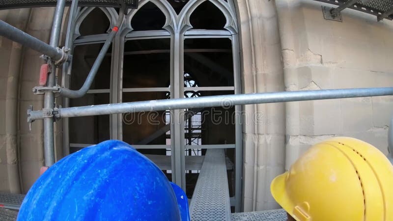 Gothic Church in Renovation View from a Descending Construction Lift ...