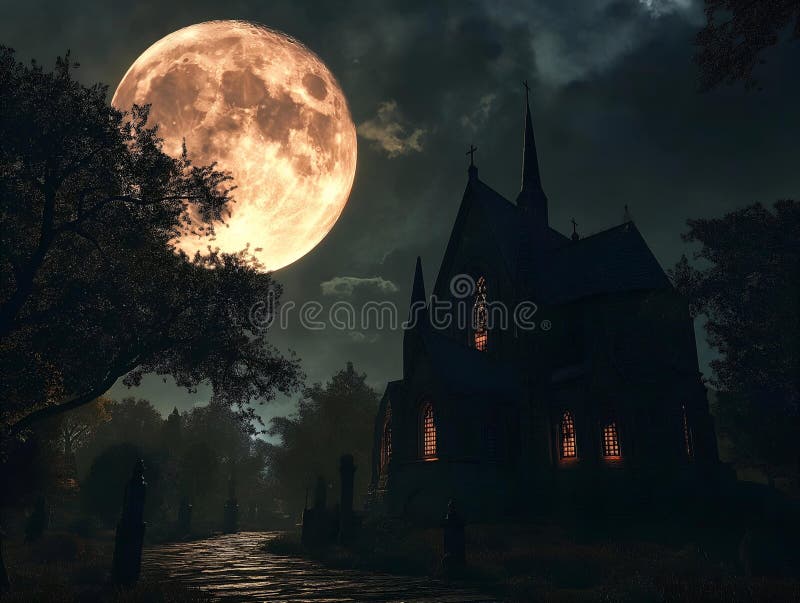Gothic Church, Full Moon, Night Scene, Pathway, Dark Trees, Mysterious ...