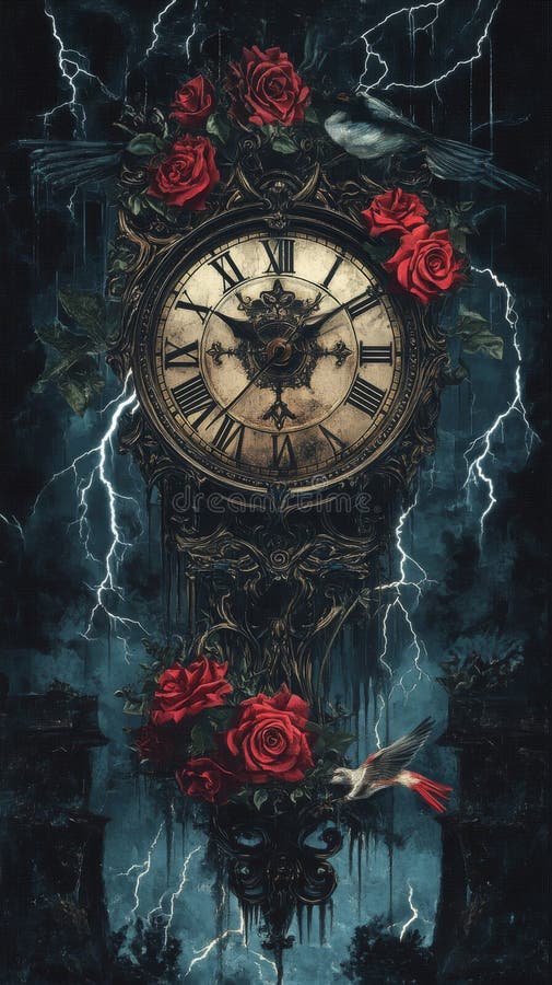 Gothic Clock with Roses and Dramatic Lightning Stock Photo - Image of ...