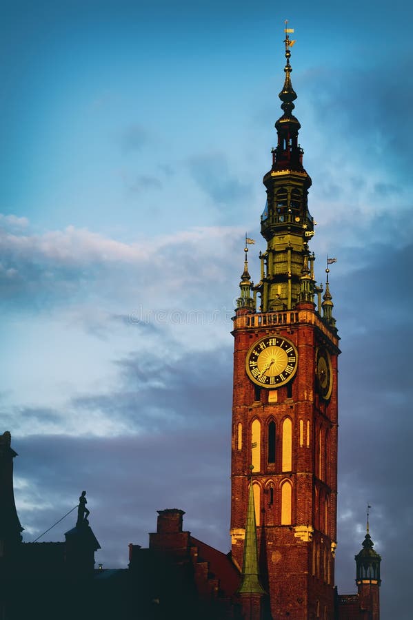 Gothic Clock Tower in European City in the Evening. Stock Image - Image ...