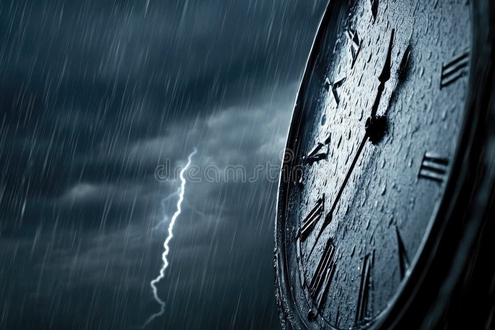 Gothic Clock Tower Facing Storm with Dramatic Lightning in Night Sky ...