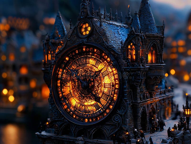 Gothic Clock Tower Illuminations Stock Illustration - Illustration of ...