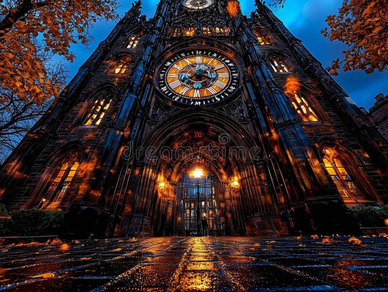 Gothic Clock Tower Illuminations Stock Illustration - Illustration of ...