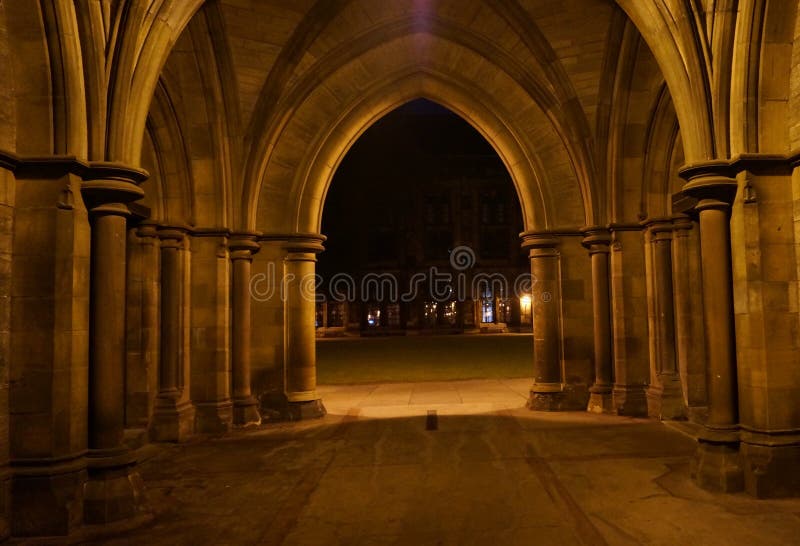 Gothic cloisters at night stock photo. Image of lights - 57243282