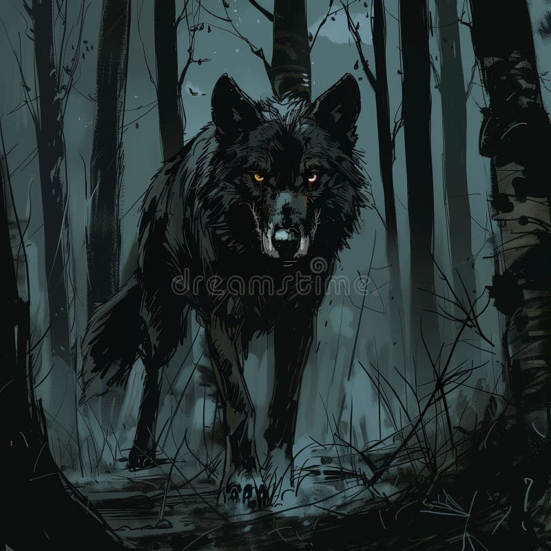 Gothic Comic - Black Wolf in the Gloomy Forest Stock Photo - Image of ...