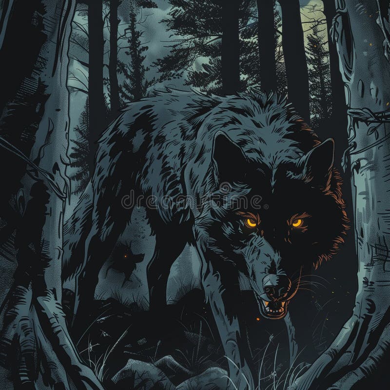Gothic Comic - Black Wolf in the Gloomy Forest Stock Image - Image of ...