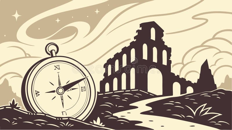 Gothic Compass Navigation by Crumbling Castle Ruins, Vector Design ...