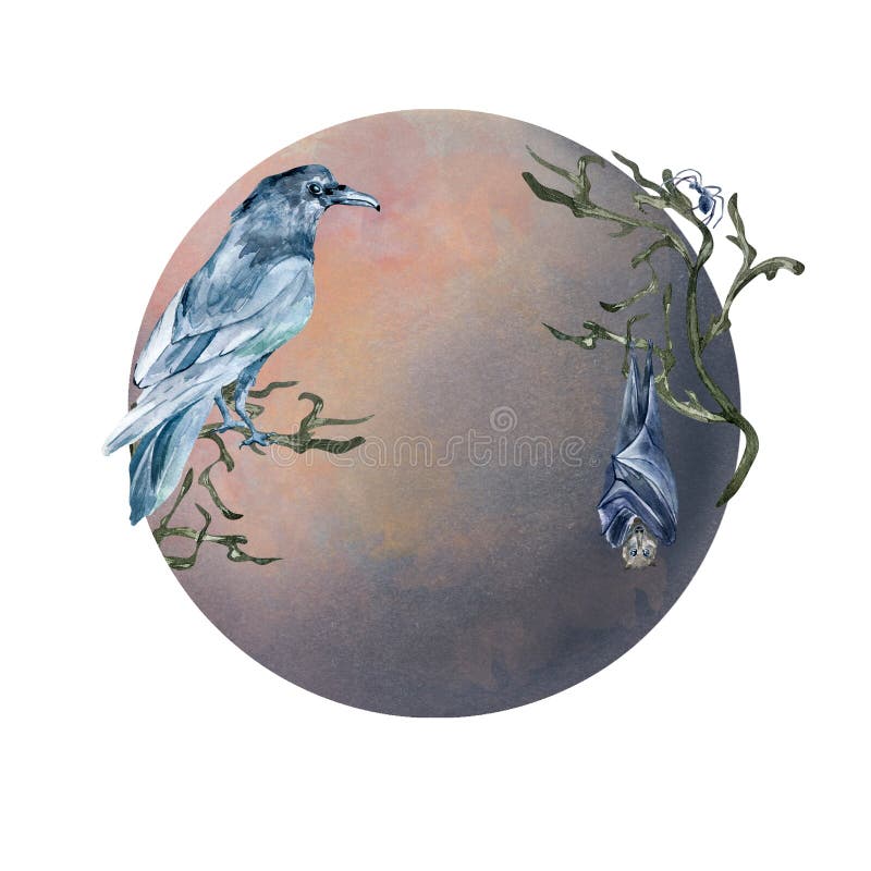 Gothic Composition with Moon, Raven, Spider Watercolor Illustration ...