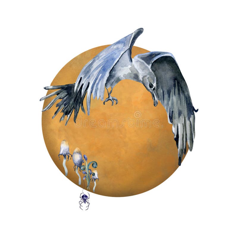 Gothic Composition with Yellow Moon, Flying Raven Watercolor ...