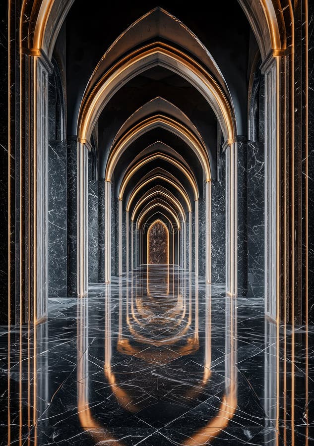 Gothic Corridor with Pointed Arches, Black Marble Floors, and Dramatic ...