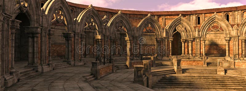 Gothic Courtyard Panorama stock illustration. Illustration of rendered ...
