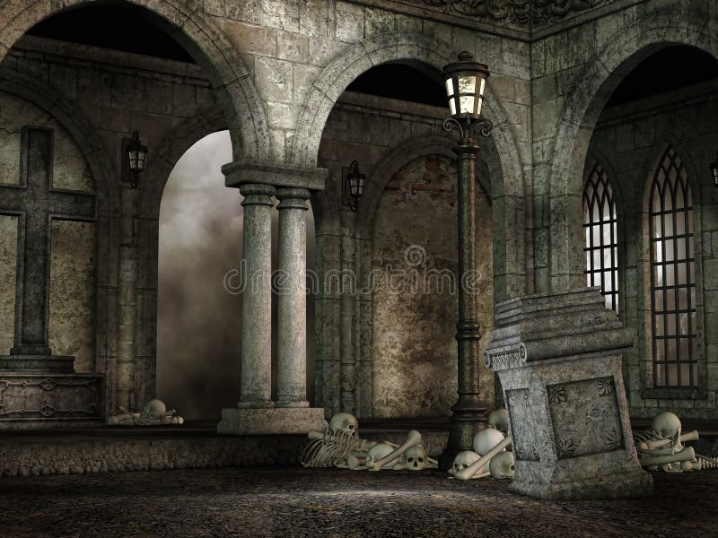 Gothic Courtyard with Skulls Stock Illustration - Illustration of ...