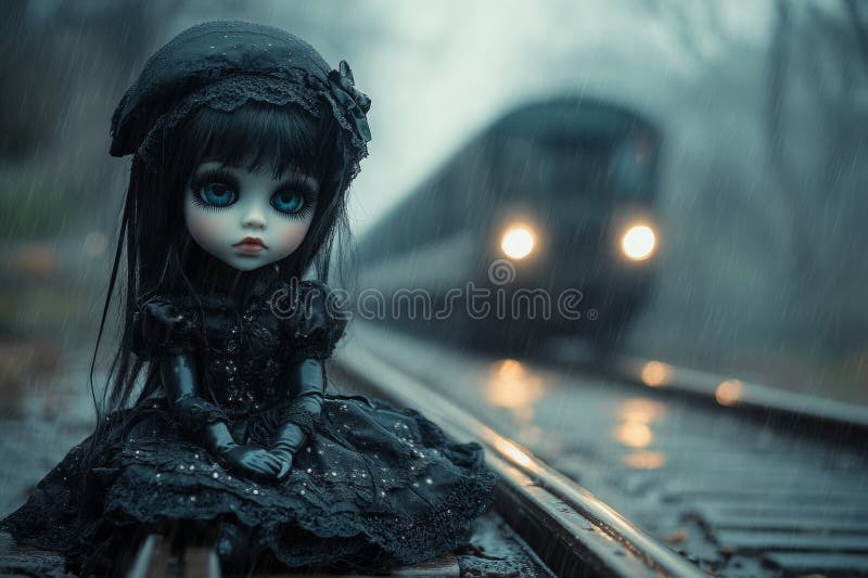 Gothic Doll Sits on Railroad Tracks As a Train Approaches in the Rain, Creating a Dark and ...
