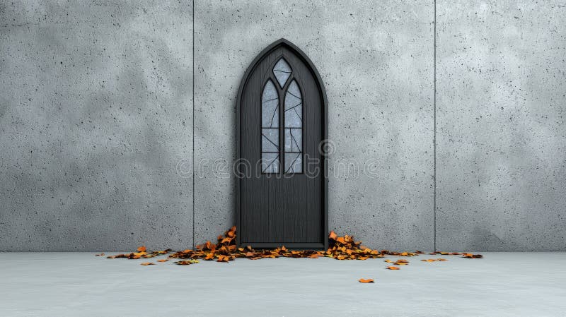 Gothic Door with Fallen Leaves Against a Concrete Wall Isolated ...