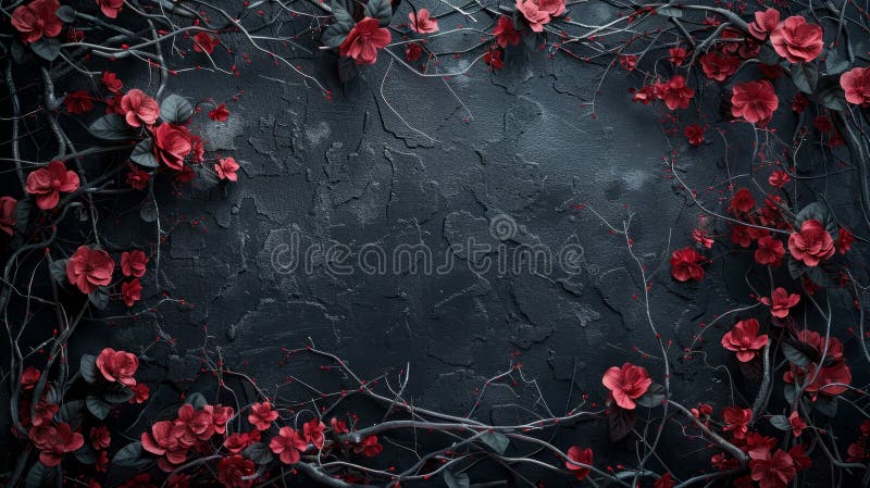 Gothic Fantasy Background with Red Flowers and Twisted Branches in Dark ...