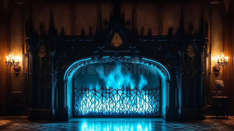Gothic Fireplace with Ethereal Blue Flames Burning Brightly Stock ...
