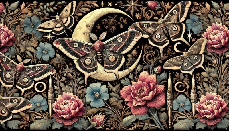 Gothic Garden Pattern with Butterflies, Moths, Flowers, Crescent Moon ...