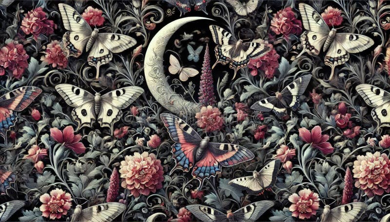 Gothic Garden Pattern with Butterflies, Moths, Flowers, Crescent Moon ...