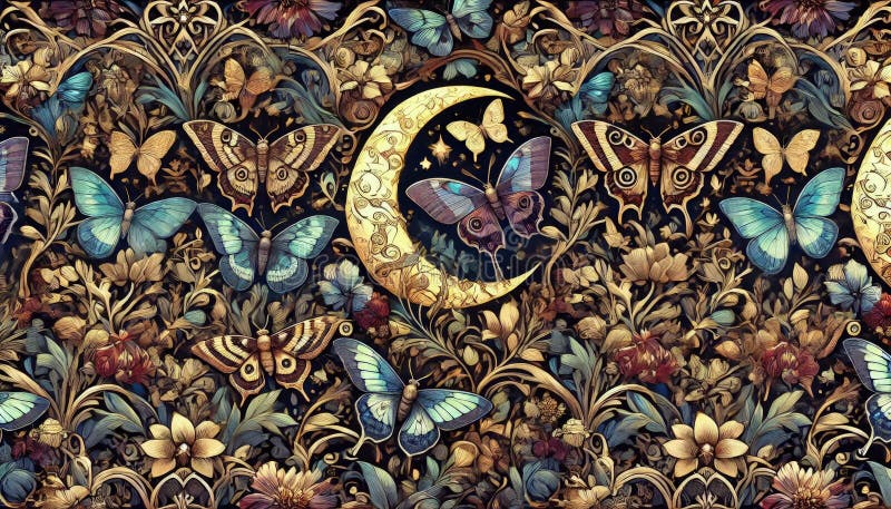 Gothic Garden Pattern with Butterflies, Moths, Flowers, Crescent Moon ...