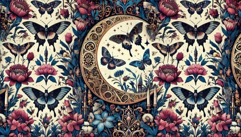 Gothic Garden Pattern with Butterflies, Moths, Flowers, Crescent Moon ...