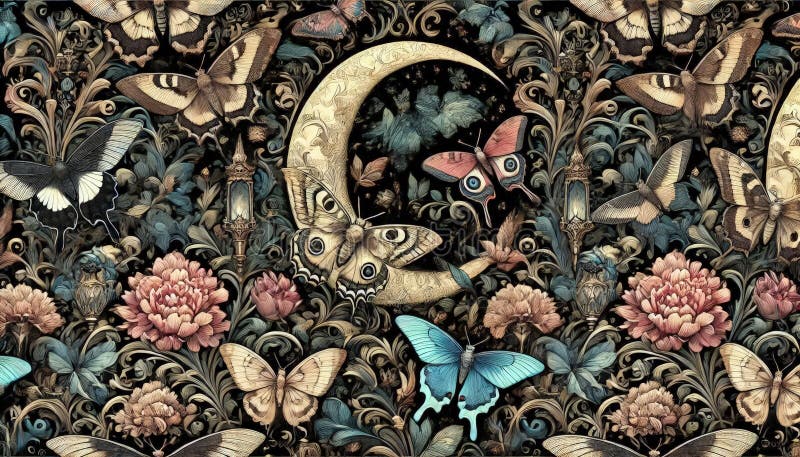Gothic Garden Pattern with Butterflies, Moths, Flowers, Crescent Moon ...