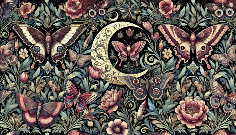 Gothic Garden Pattern with Butterflies, Moths, Flowers, Crescent Moon ...