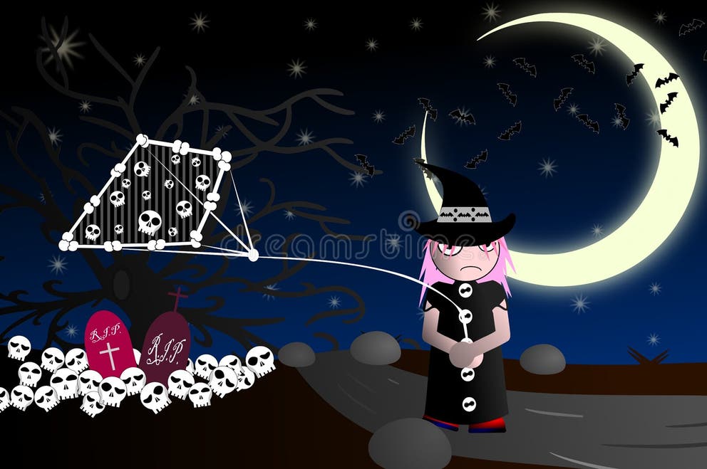 Gothic Girl with Kite, Fun, Night, Cartoon. Stock Illustration ...