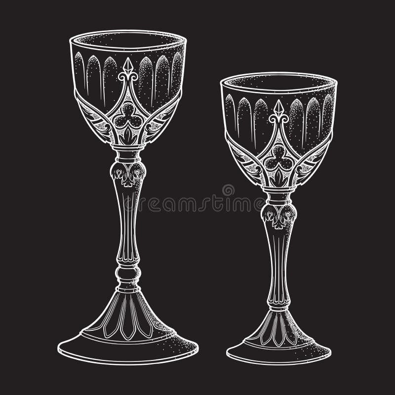 Gothic Goblets or Holy Grail Set Hand Drawn Line Art and Dot Work ...