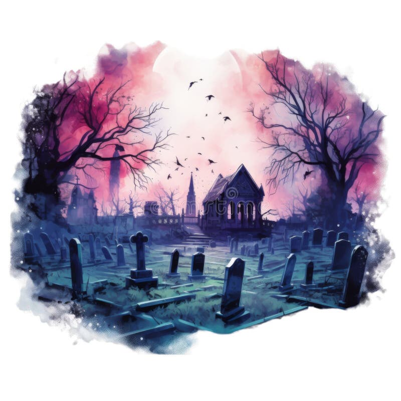 A Gothic Graveyard with a Chapel Under a Pink Moonlit Sky Stock Photo ...
