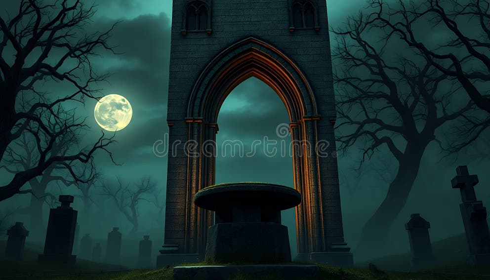 Gothic Graveyard at Night: Full Moon Illuminates Stone Structure Stock ...