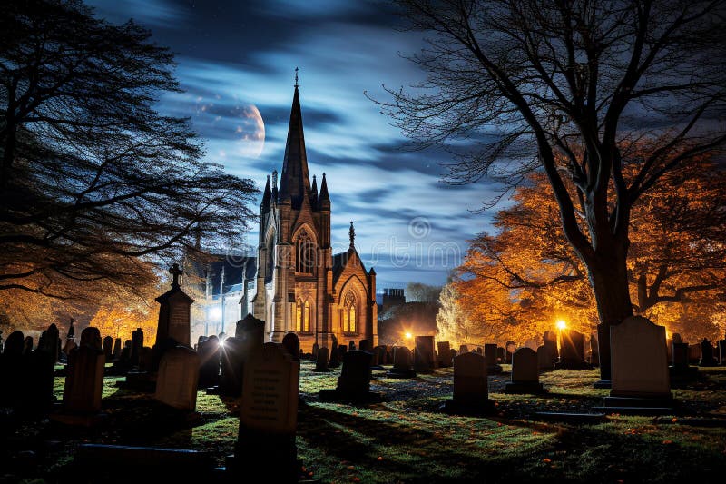 Gothic Graveyard at Sunset with Birds Flying in the Sky. Selective ...