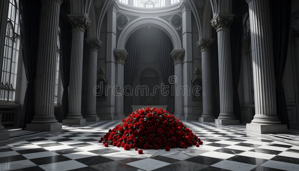 Gothic Hall with Red Roses: Dramatic Interior Stock Illustration ...