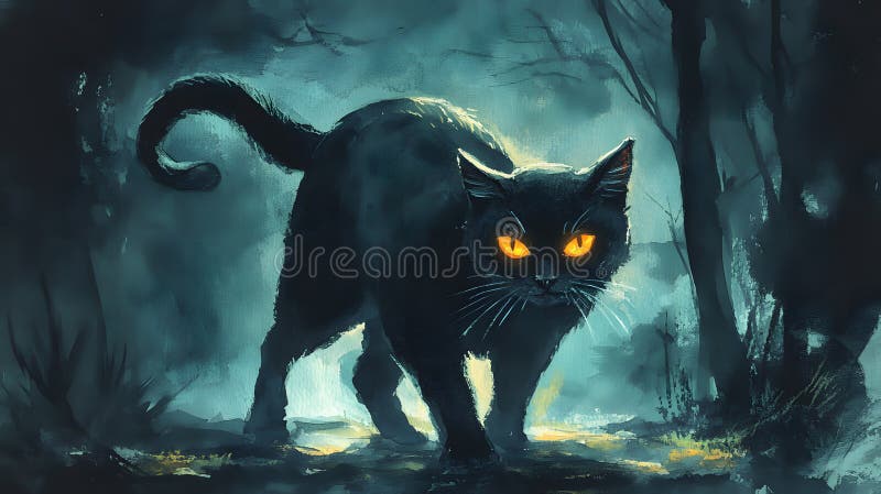 Gothic Halloween, Black Cat Arched Back Glowing Eyes Stock Illustration ...