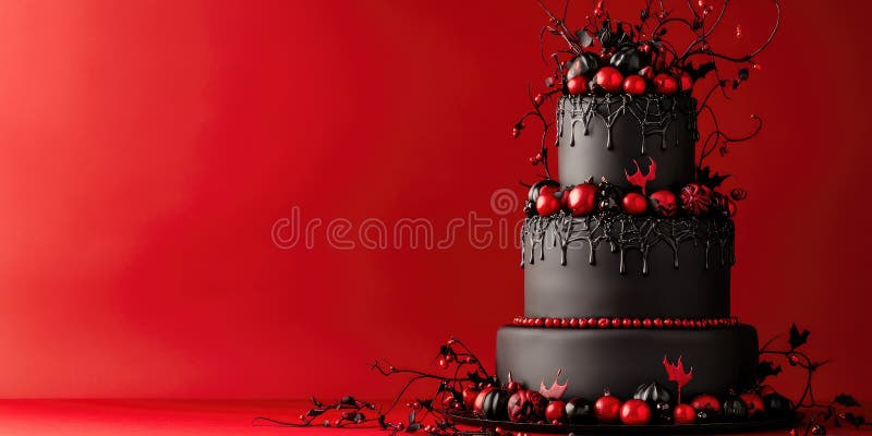 Gothic Halloween Cake with Red and Black Decorations in Dramatic ...