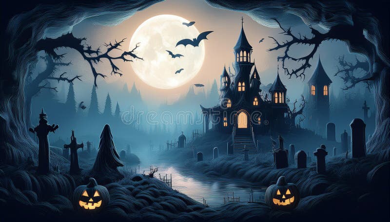 Gothic Halloween Scene with Haunted Castle and Creepy Moonlight ...