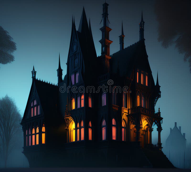 Gothic House in Night, Generative AI Illustration Stock Illustration ...