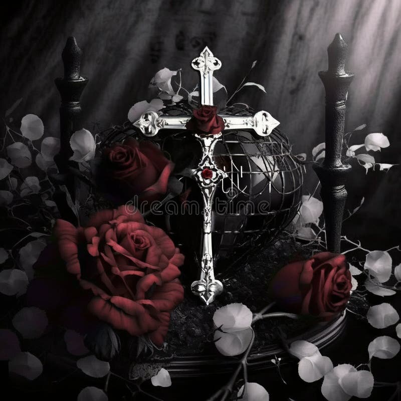 Gothic Illustration of a Cross with Roses Stock Illustration ...
