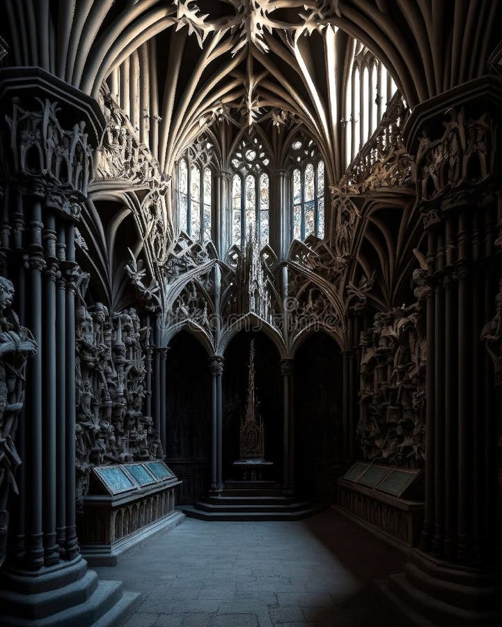 A Gothic Interior with a Large Window and a Large Statue of a Man ...