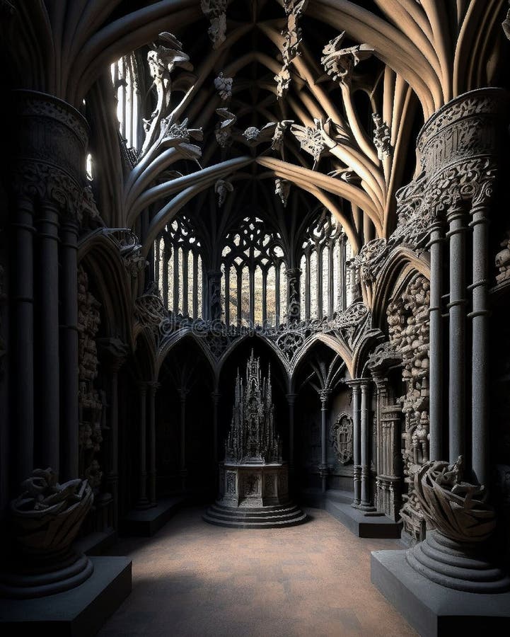A Gothic Interior with a Large Window and a Large Statue of a Man ...
