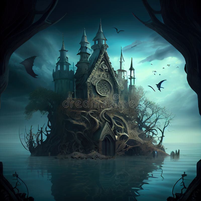 Generative AI: Gothic Landscape in Blue Tones with Lonely Castle Stock ...