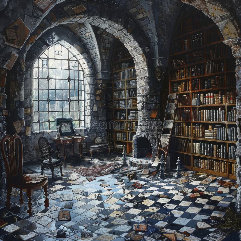 Gothic Library with Chess Floor Stock Photo - Image of sense, soft ...