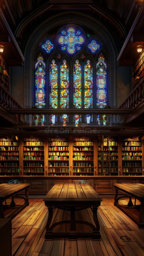 Gothic Library Interior with Stained Glass Windows Stock Photo - Image ...