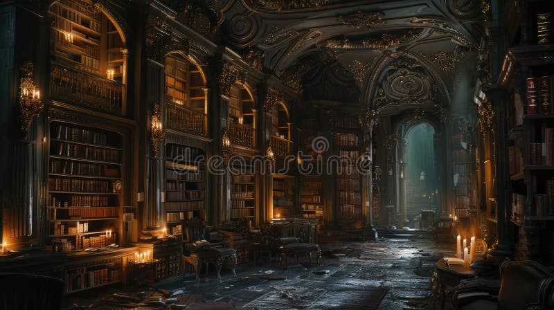 A Gothic Library S Exterior, Bathed in the Warmth of Candlelight ...