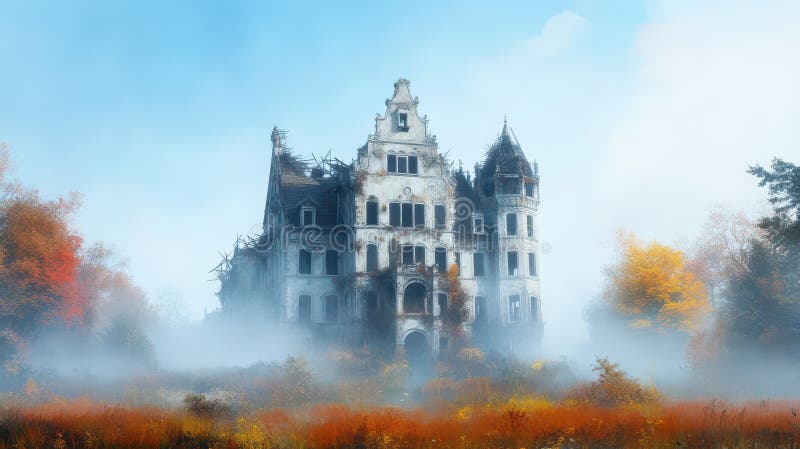 Gothic Mansion with Broken Windows and Overgrown Landscape Stock ...