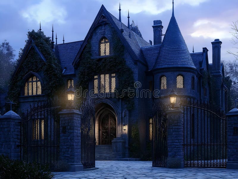 Gothic Mansion at Dusk, Warm Lighting Stock Illustration - Illustration ...