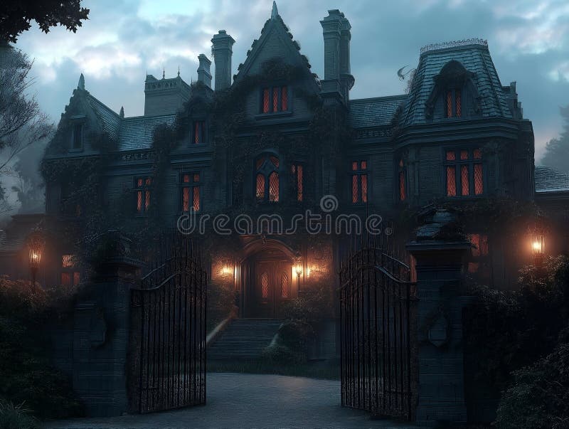 Gothic Mansion at Night, Illuminated Entrance Stock Illustration ...
