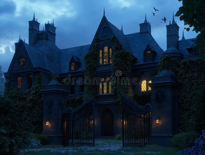 Gothic Mansion at Night, Illuminated Windows and Gates Stock ...